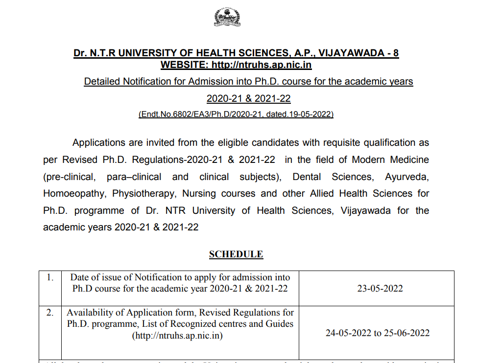 NTRUHS PhD Admission 2022 (Ongoing): Last Date to Apply is June 25