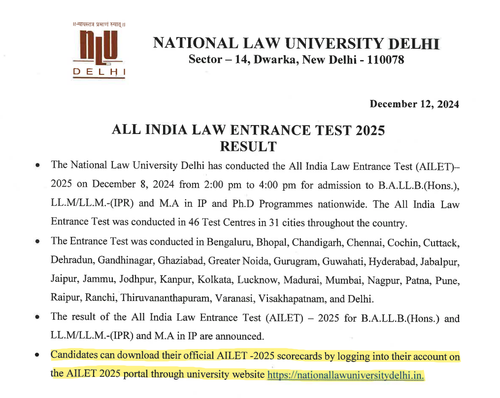 AILET Result 2025 (Out), Driect Link @nationallawuniversitydelhi.in, Answer Key, Passing Marks ...