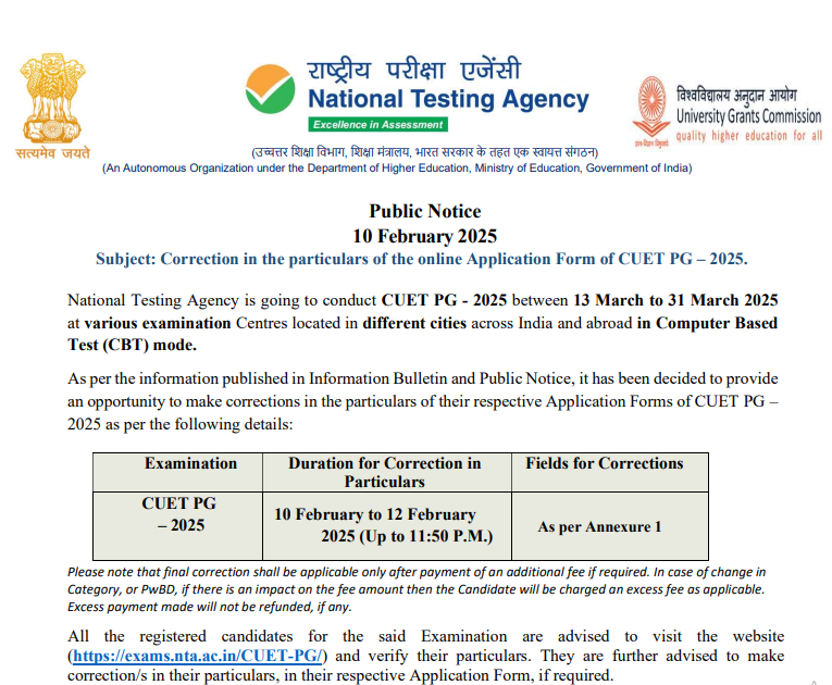 Cuet Pg 2025 Application Form Correction Open Edit Details By February 12