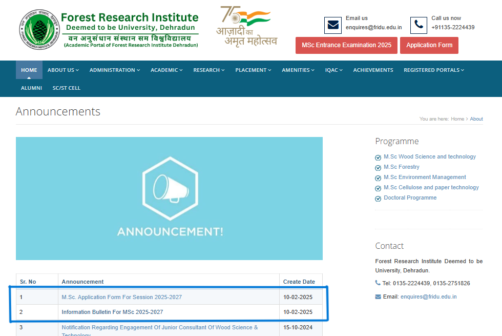 FRI MSc 2025 Registration Open, Last Date of Registration is 31st March ...