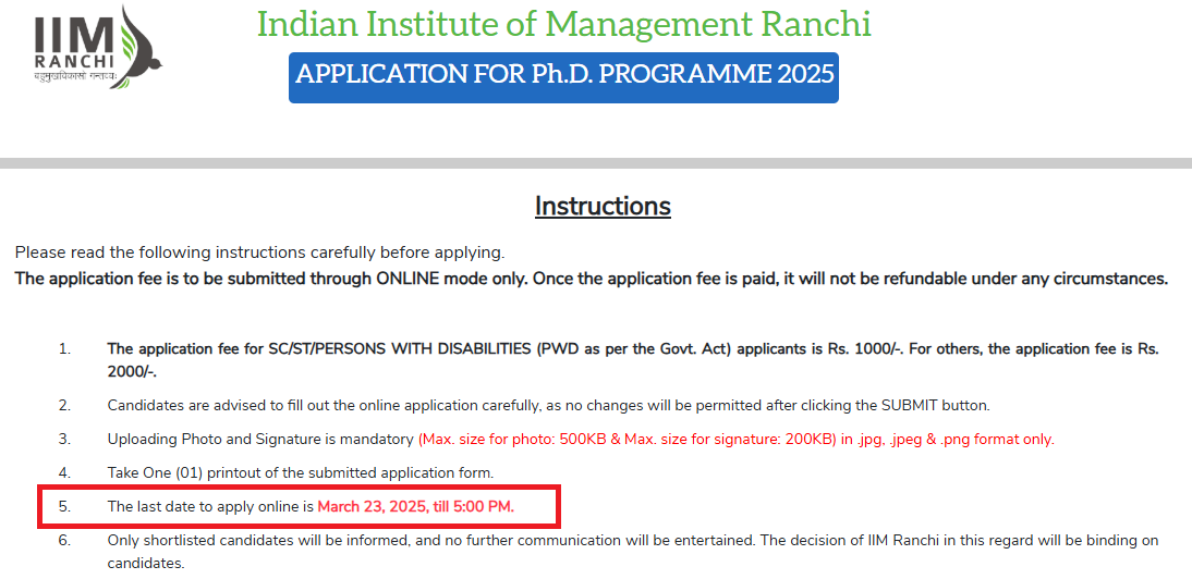 IIM Ranchi Opens PhD Admission 2025; Apply by March 23