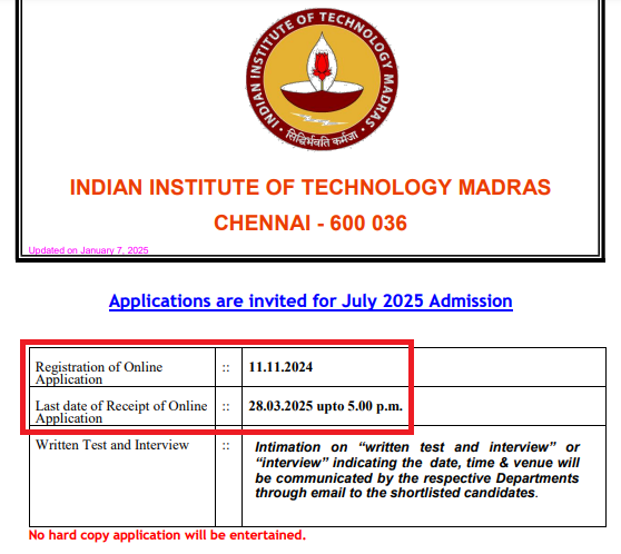 IIT Madras MS Research and PhD Admission 2025 Open; Apply by March 28