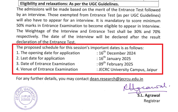 JECRC University PhD Admission 2025 Open; Apply by January 16 JECRC University PhD Admission 2025 Open; Apply by January 16