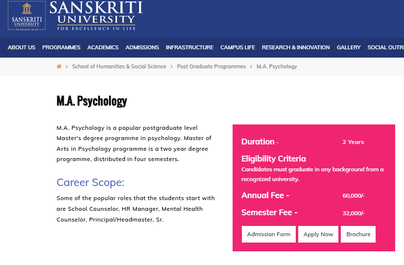Sanskriti University Mathura MA Psychology: Fees 2025, Course Duration ...