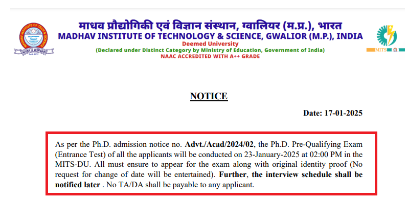 MITS Gwalior PhD Admissions 2025 Entrance Test Schedule Out; Check ...