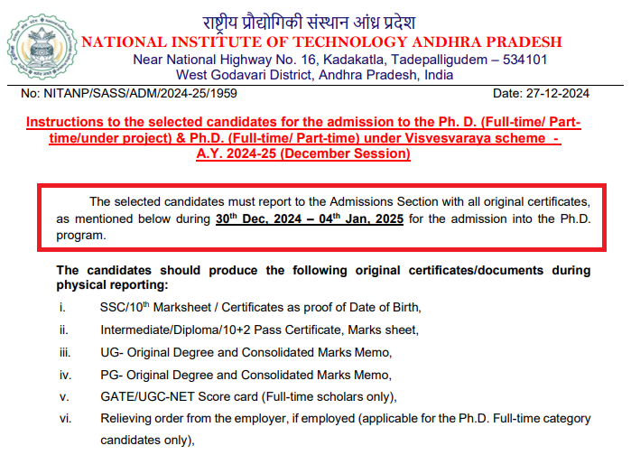 NIT AP PhD Admission Schedule 2024-25 Out; Report by January 4