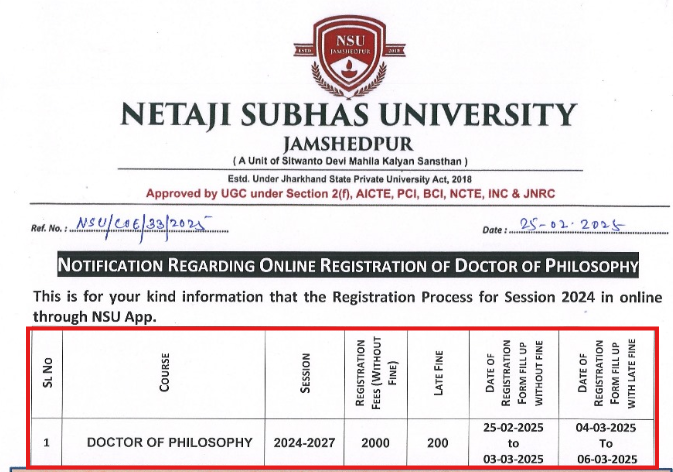 NSU Jamshedpur PhD Admission 2025 Open; Apply Before March 3
