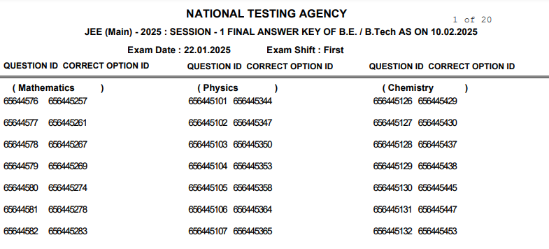 JEE Main 2025 Final Answer Key Session 1 Out for B.E/B.Tech, Download PDF