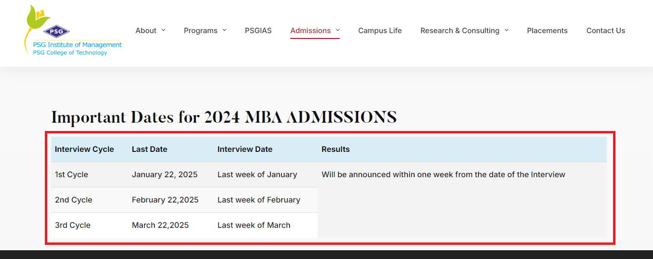 PSG Institute of Management MBA 2025-26 Interview Schedule Out; Check ...