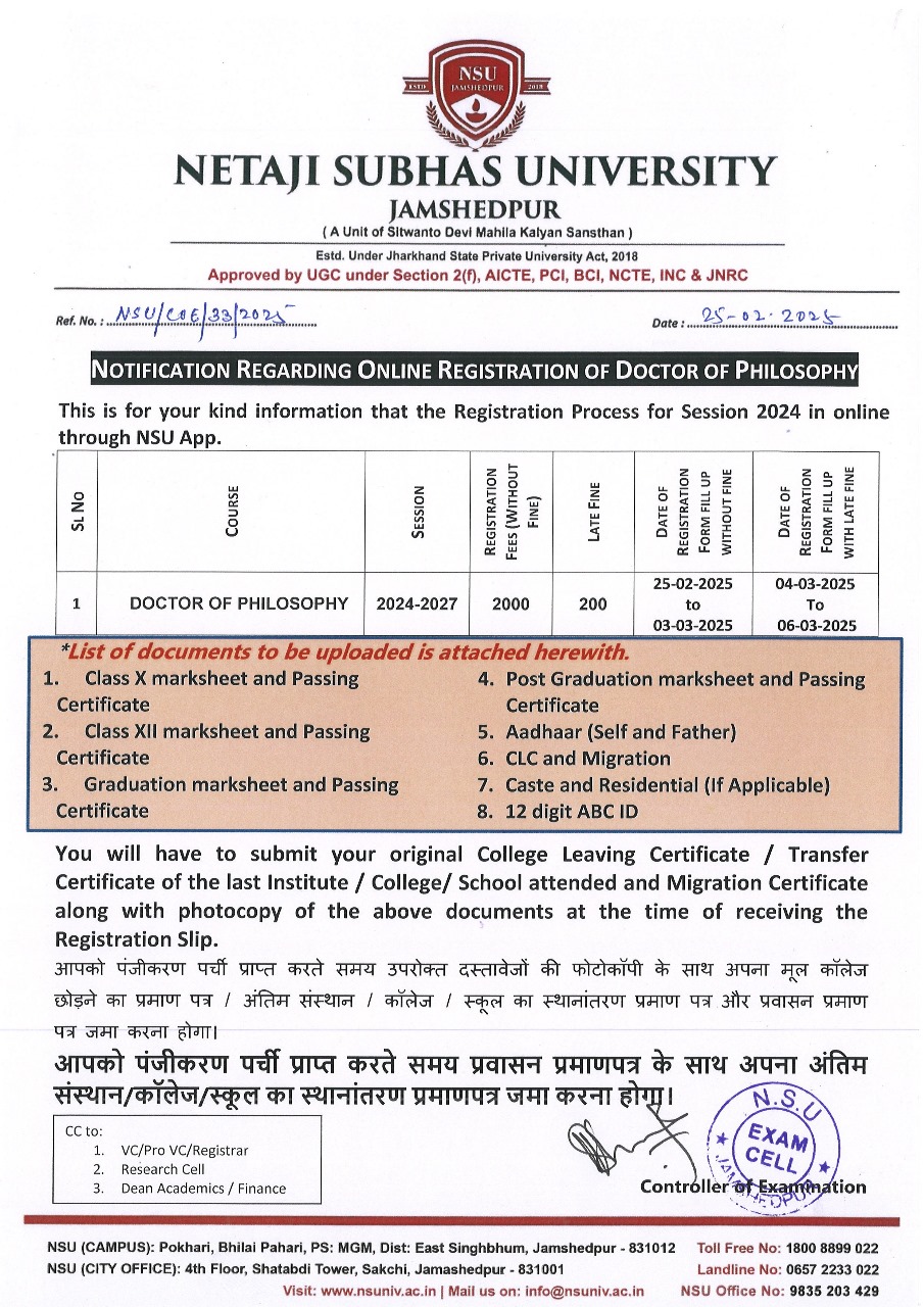 NSU Jamshedpur PhD Admission 2025 Open; Apply Before March 3