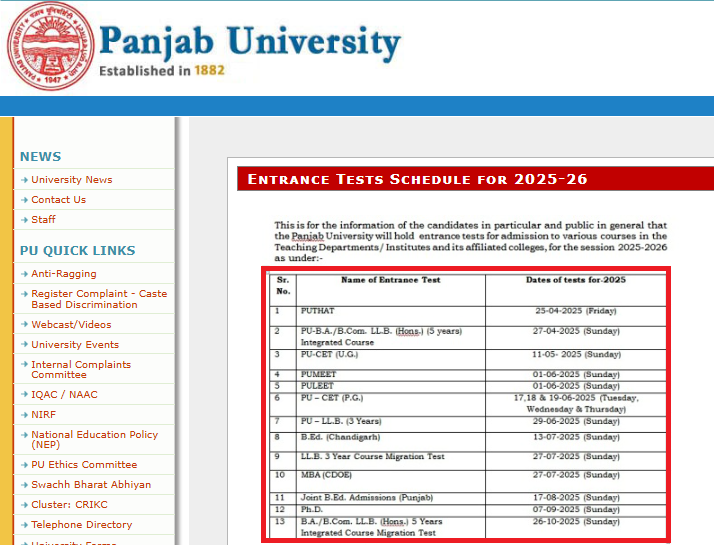 Panjab University Entrance Test 2025-26 Schedule Out; Check Details Here