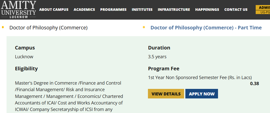Amity University Lucknow Ph.D Commerce: Fees 2026, Course Duration ...