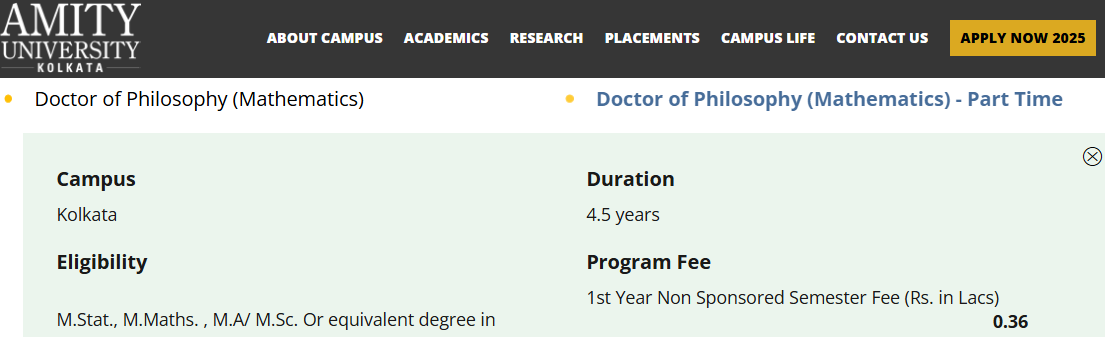 Amity University Kolkata Ph.D Mathematics: Fees 2025, Course Duration ...