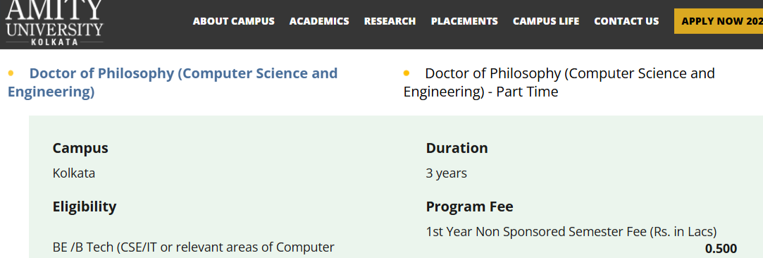 Amity University Kolkata Ph.D Information Technology: Fees 2025, Course ...