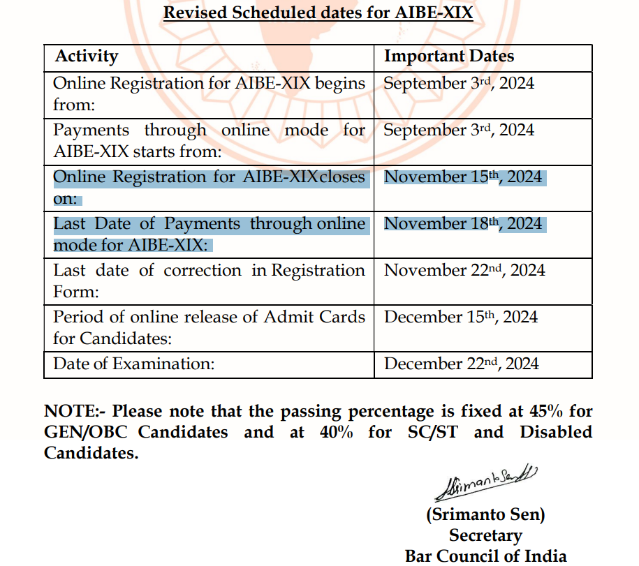 AIBE 19 Registration 2024 Deadline Extended till November 15, Exam Postponed, Check more ...