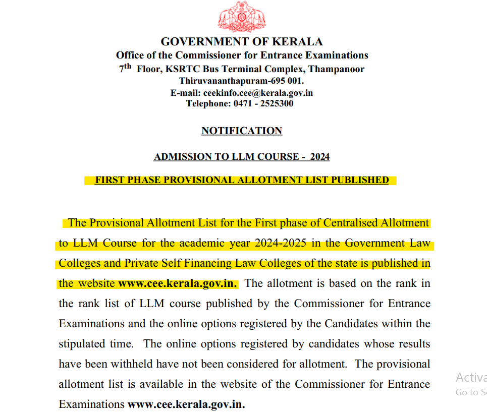 KLEE 2024: LLM Admissions First Phase Provisional Allotment List Released, Download PDF