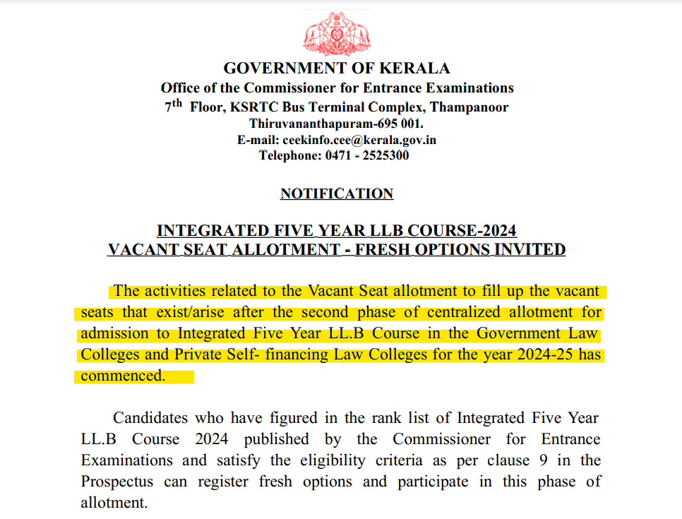 KLEE 2024: Fresh Options Invited for Vacant Seat Allotment in 3-Year and 5-Year LLB Courses ...