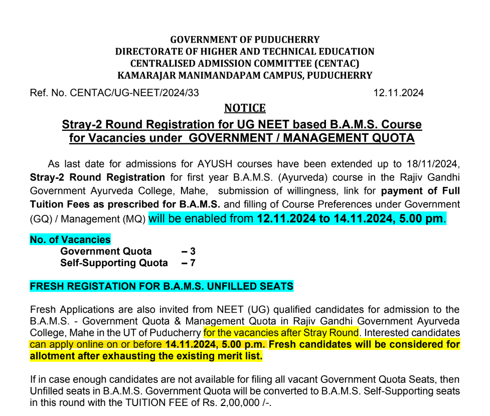 CENTAC 2024: Stray Vacancy Round 2 Registration Dates for B.A.M.S ...