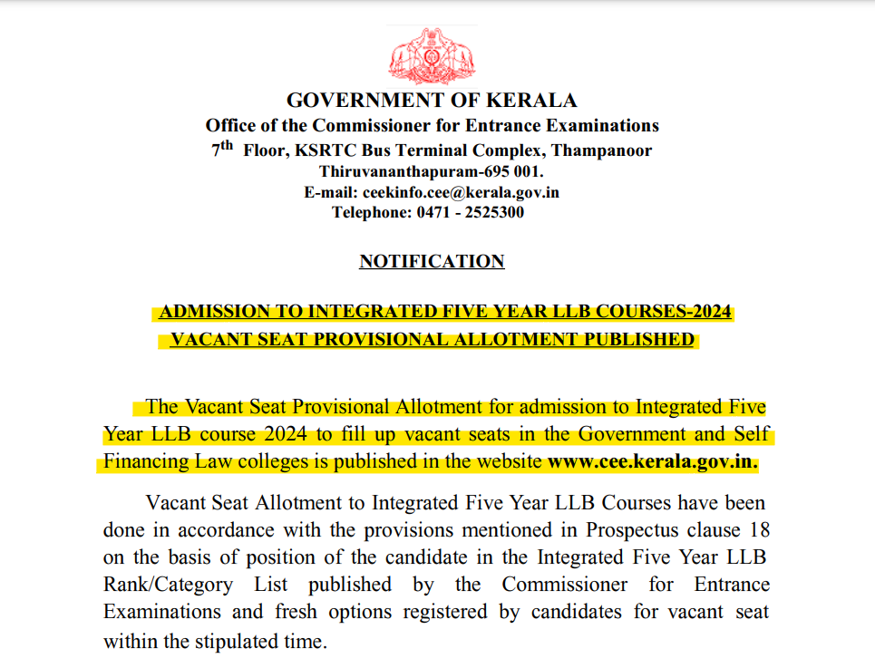 KLEE 2024: Vacant Seat Provisional Allotment for Integrated Five-Year LLB Courses Released ...