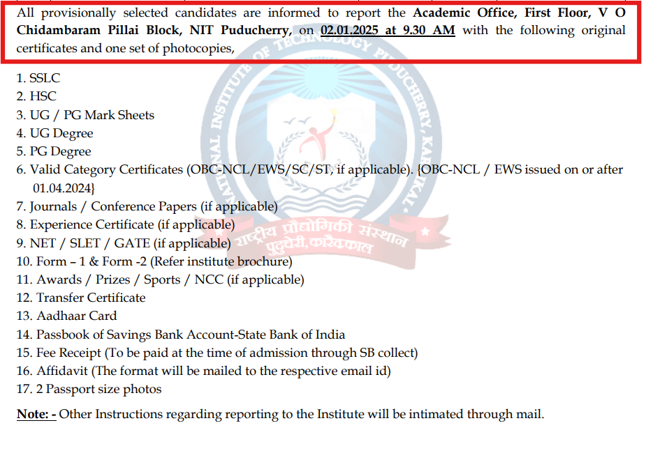 NIT Puducherry Releases List of Provisionally Selected Candidates for ...