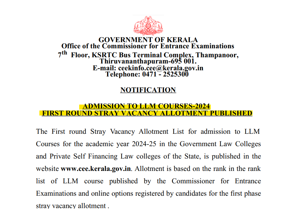 KEAM 2024 LLM First Round Stray Vacancy Allotment Published, Download Notification PDF.