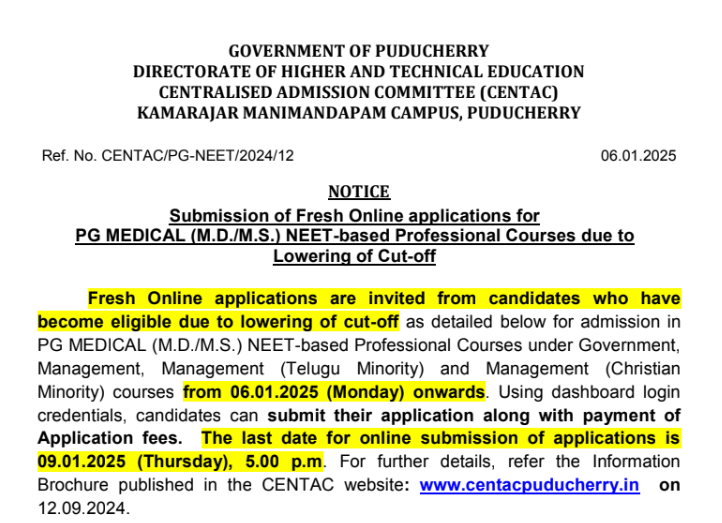 CENTAC 2024: Fresh Applications Open for PG Medical (M.D./M.S.) Courses ...