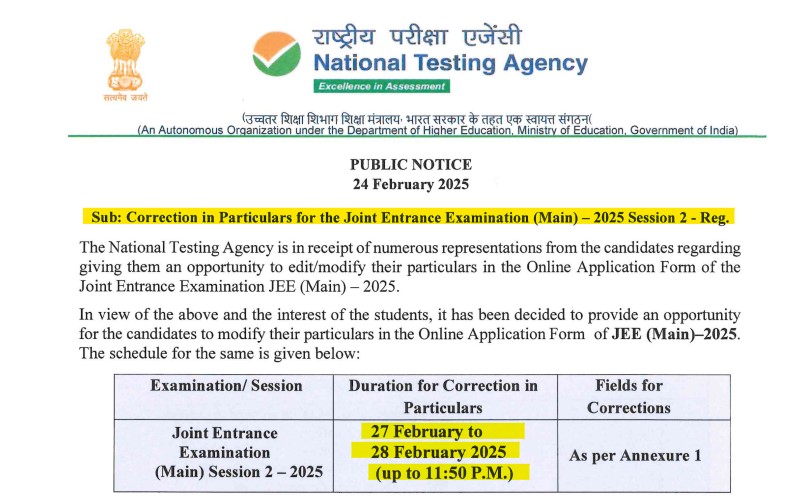 JEE Main 2025 Session 2 Form Correction Begins, Edit Details by February 28