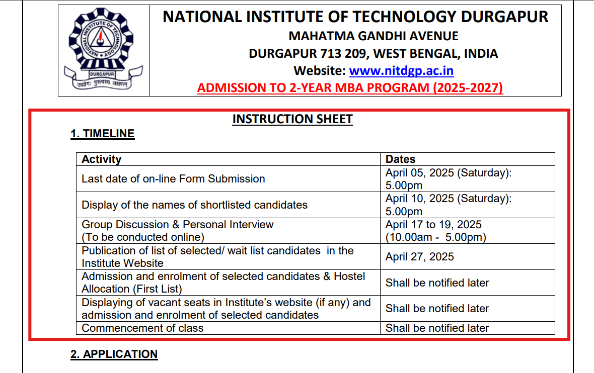 NIT Durgapur MBA Admissions 2025 Open; Apply Before April 5