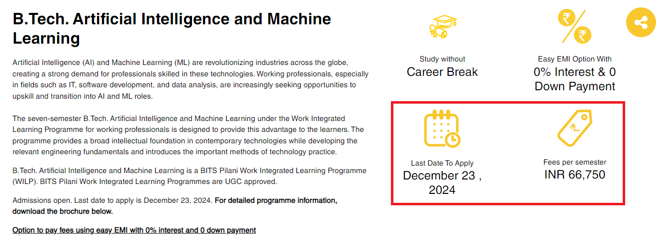BITS Pilani B.Tech AI & ML Admission 2024-25 Open; Apply by December 23