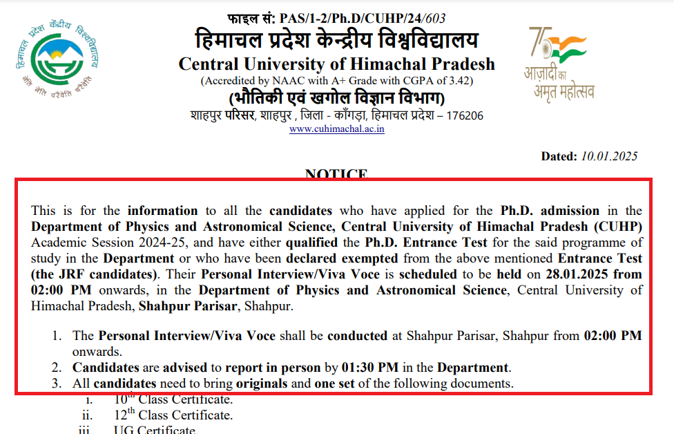 CUHP Releases PhD Interview Dates 2025; Check Details Here