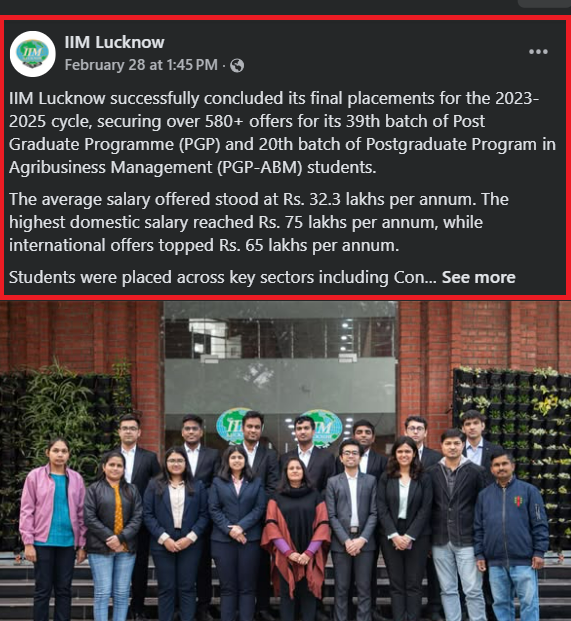 IIM Lucknow Placement 2025 Completed; Highest Package Reaches at INR 75 ...
