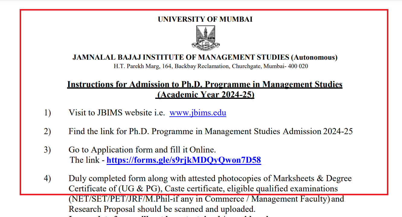 JBIMS Has Released PhD Admission Instructions for 2024-25; Check Here