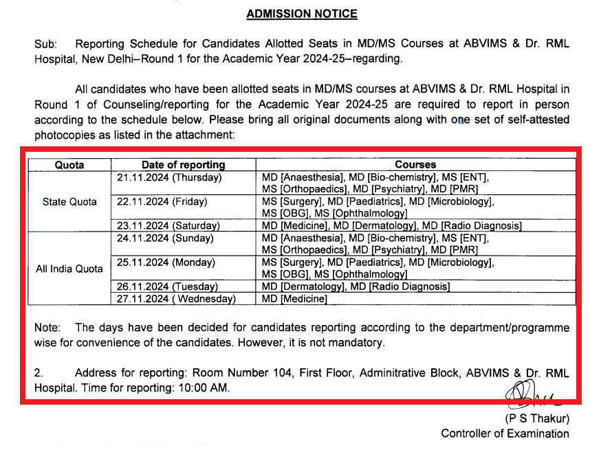 ABVIMS & Dr. RML Hospital Releases Reporting Schedule for MD/MS ...