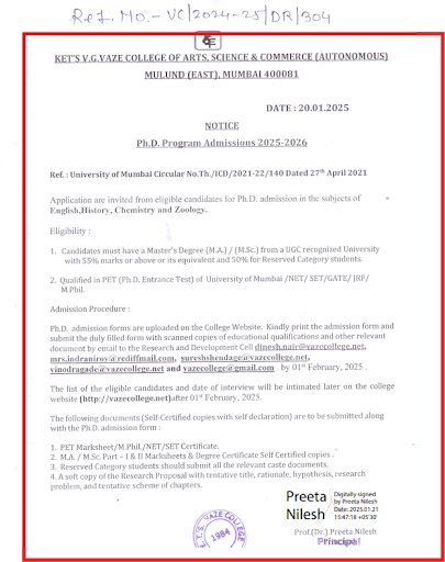VG Vaze College PhD Program Admissions Open, Apply Before February 1