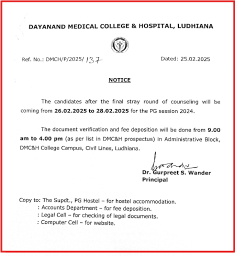 DMCH Ludhiana Releases Physical Reporting Schedule for PG Medical ...