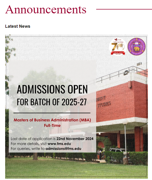 FMS Delhi MBA Admissions 2025-27 Open; Apply by November 22